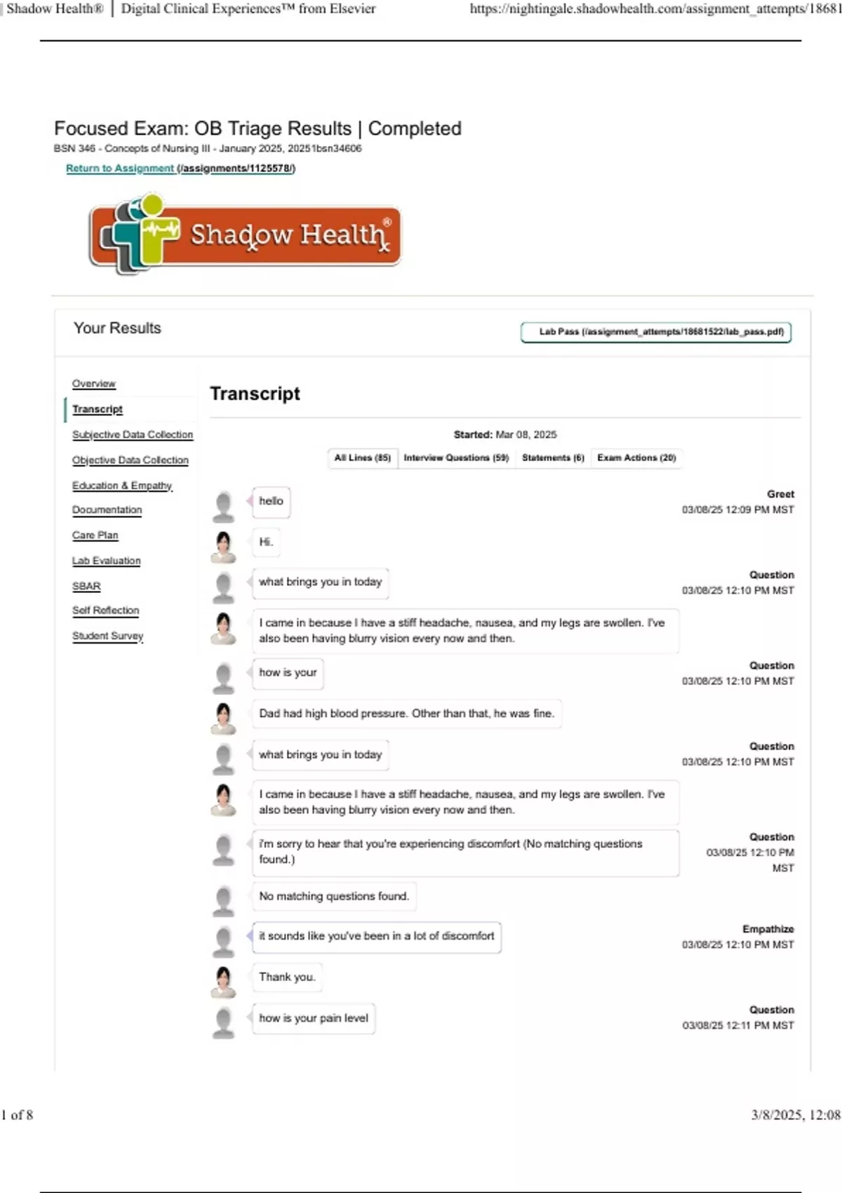 Focused Exam: OB Triage | Amber Rhoades Shadow Health: BSN 346 - Concepts of Nursing III ...