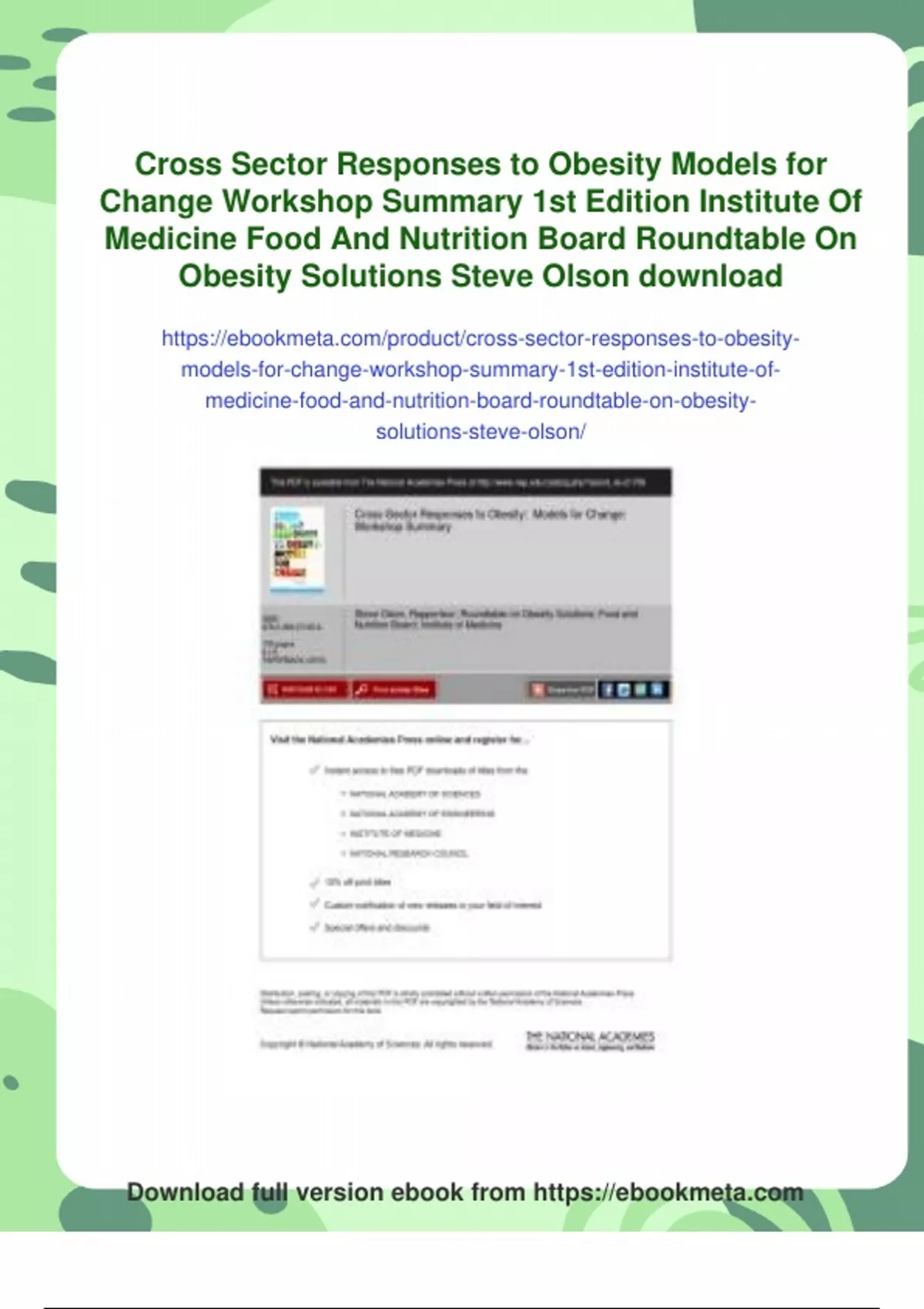 Cross Sector Responses to Obesity Models for Change Workshop Summary ...