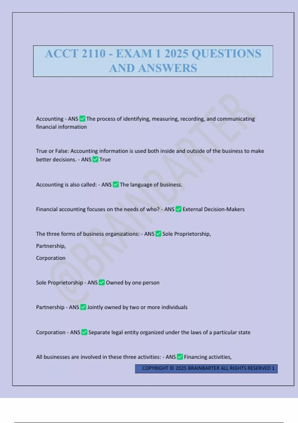 ACCT 2110 - EXAM 1 2025 QUESTIONS AND ANSWERS - ACCT 2110 - Stuvia US