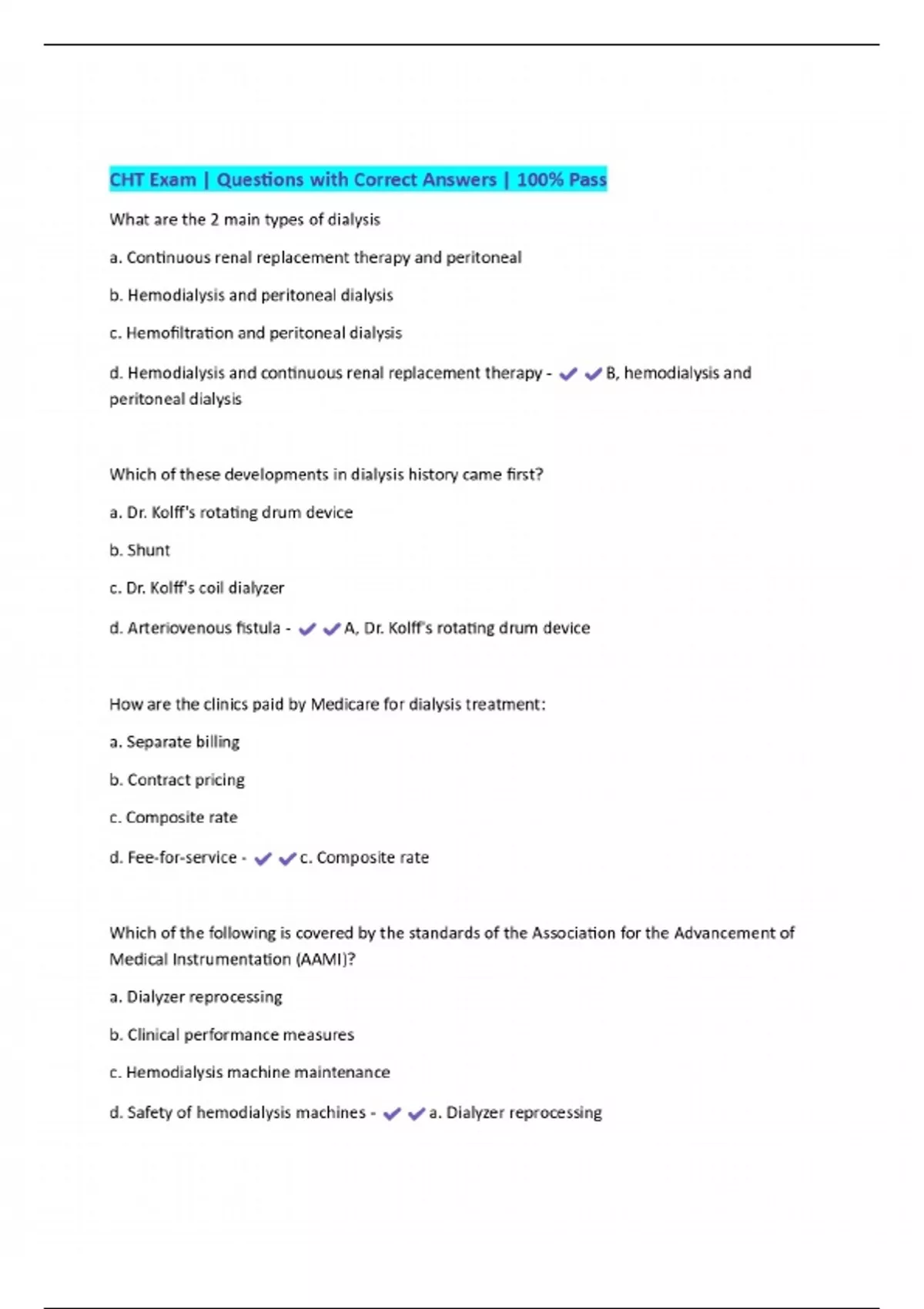 Cht Exam Questions With Correct Answers 100 Pass Cht Stuvia Us