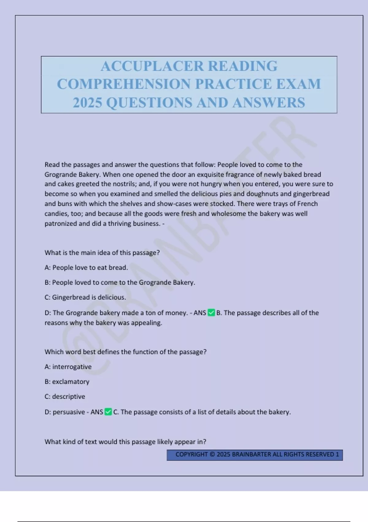 ACCUPLACER READING COMPREHENSION PRACTICE EXAM 2025 QUESTIONS AND ...