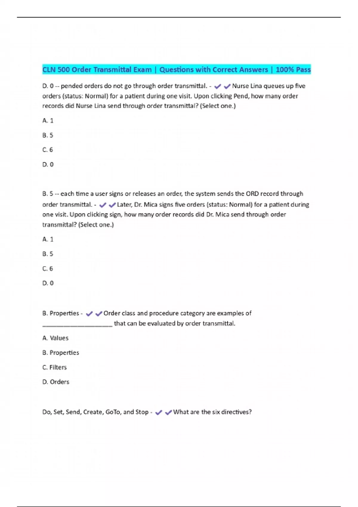 CLN 500 Order Transmittal Exam | Questions with Correct Answers | 100% ...
