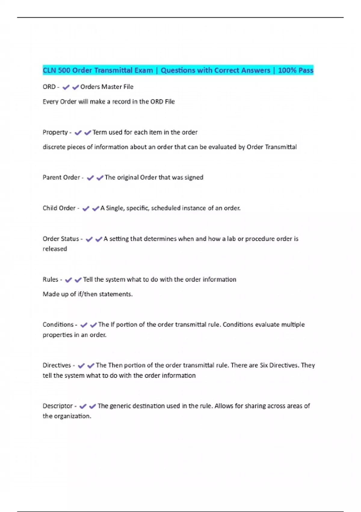 CLN 500 Order Transmittal Exam | Questions with Correct Answers | 100% ...