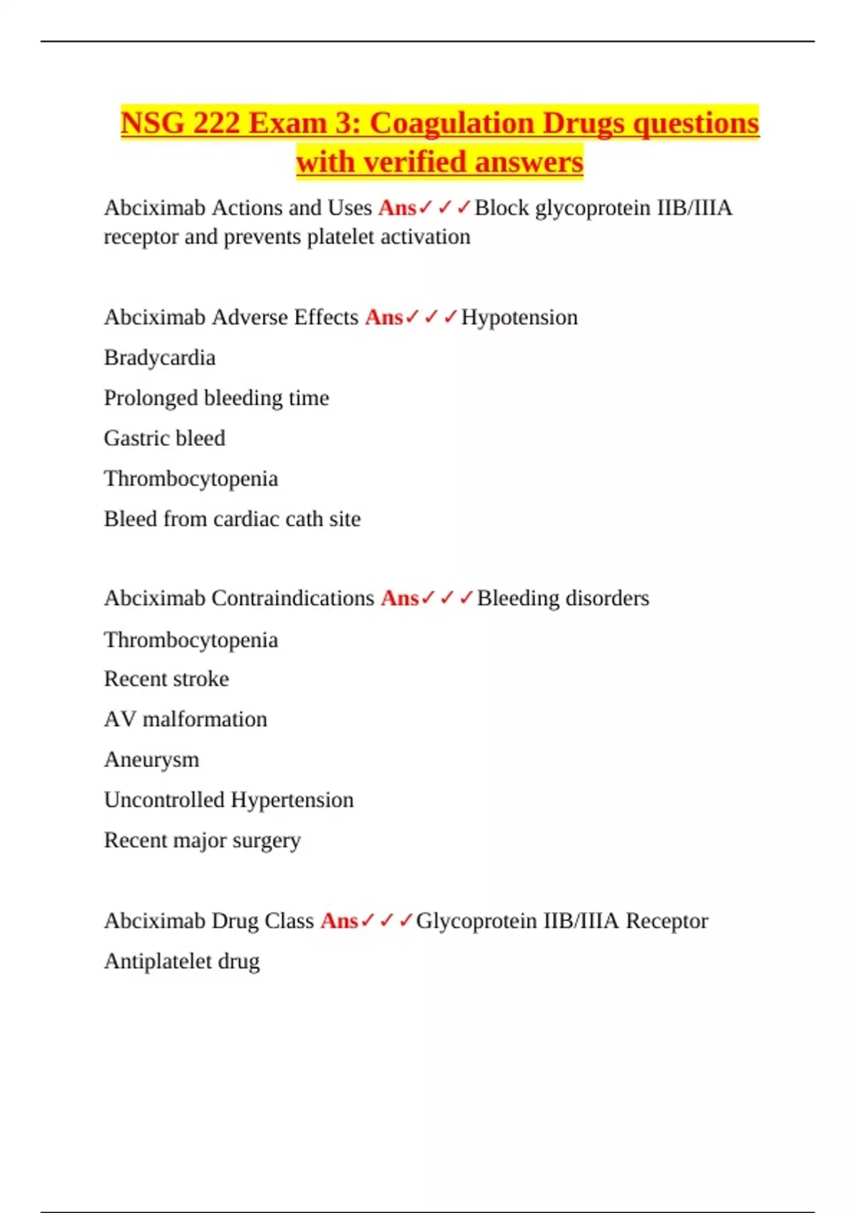NSG 222 – Exam 3 Questions with Verified Answers – Coagulation Drugs ...