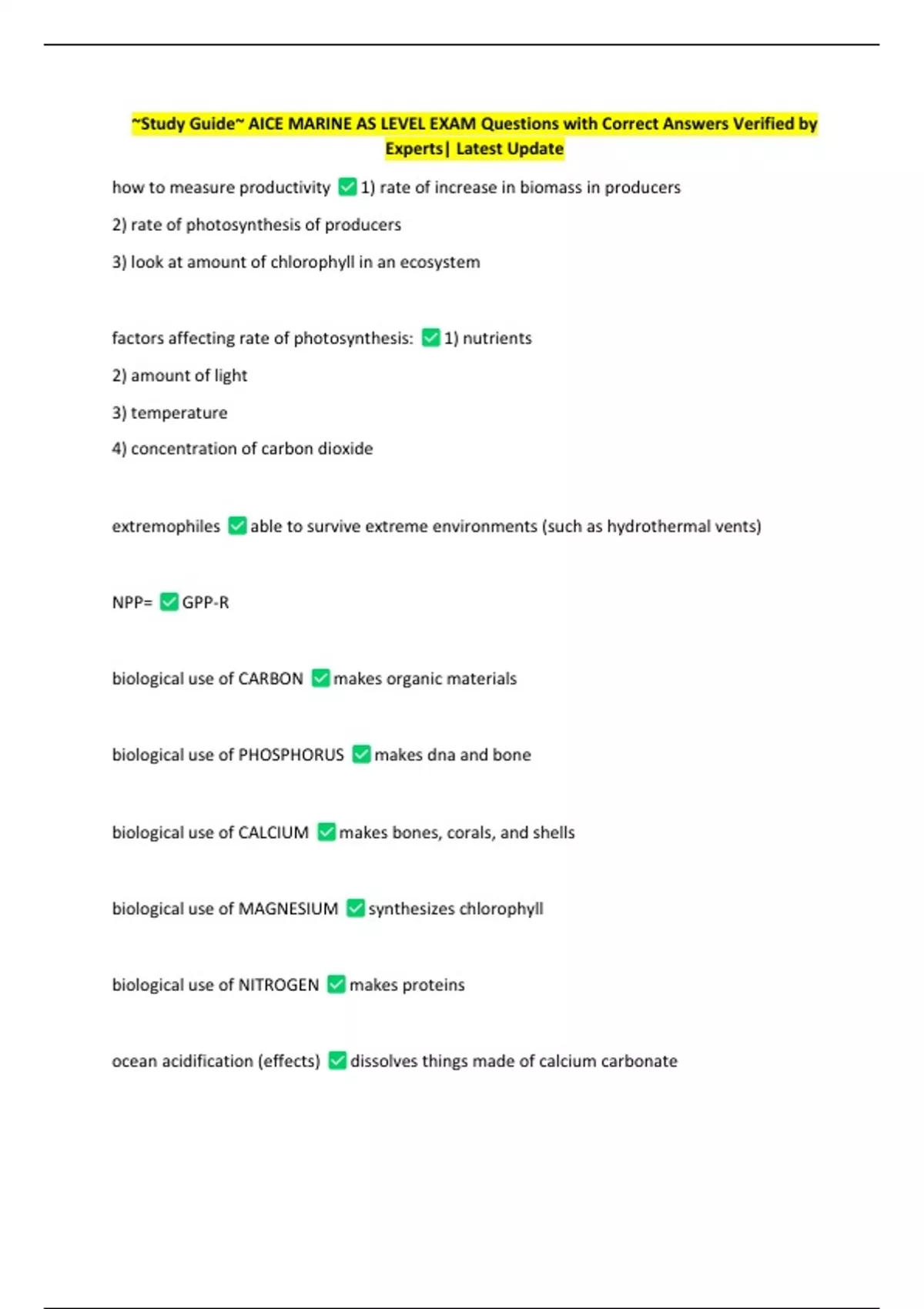 ~Study Guide~ AICE MARINE AS LEVEL EXAM Questions with Correct Answers ...