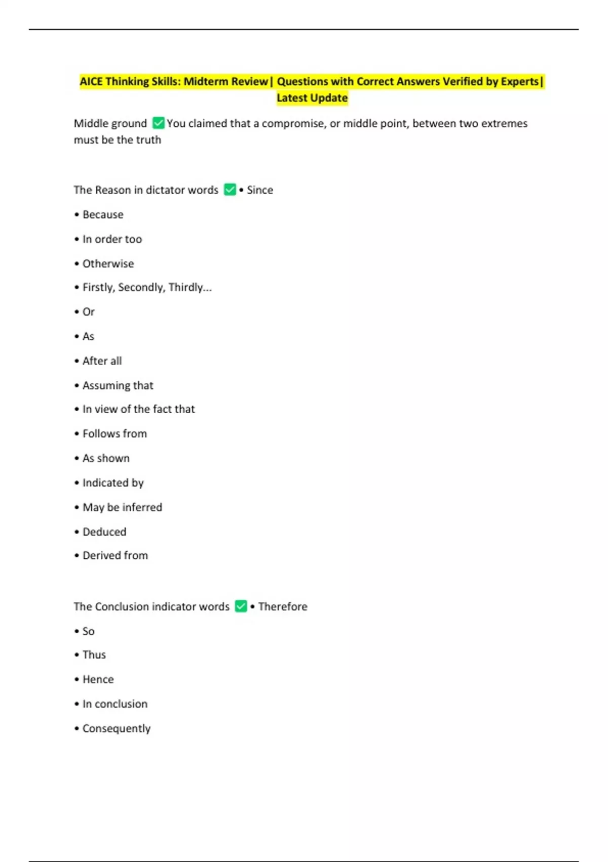 AICE Thinking Skills: Midterm Review| Questions with Correct Answers ...