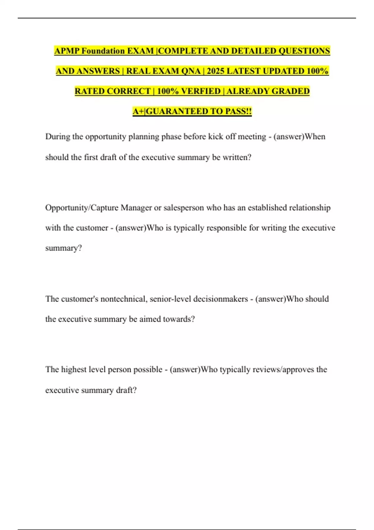 PACKAGE DEAL FOR APMP Foundation EXAM |COMPLETE AND DETAILED QUESTIONS ...
