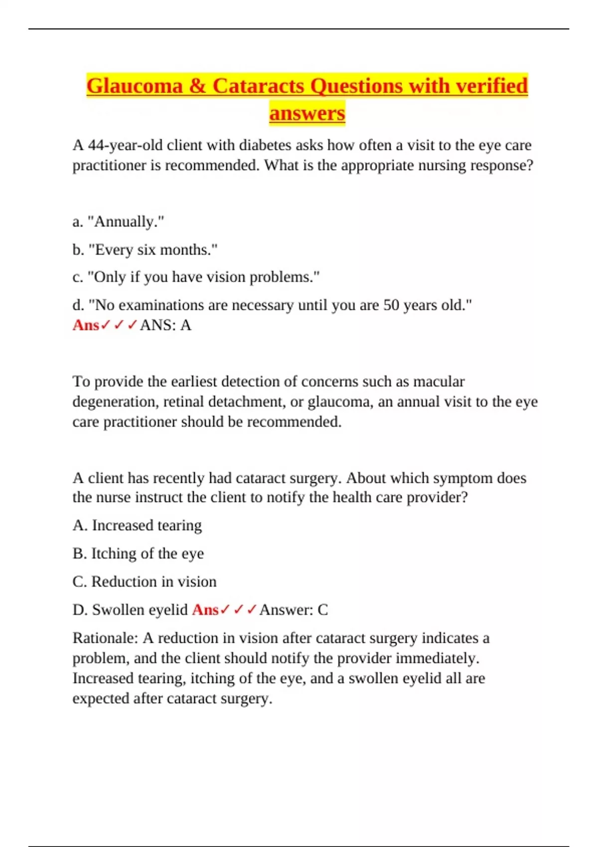 Glaucoma and Cataracts – Verified Nursing Questions and Answers ...