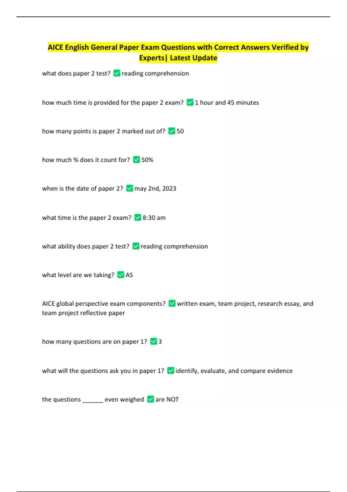AICE English General Paper Exam Questions with Correct Answers Verified ...
