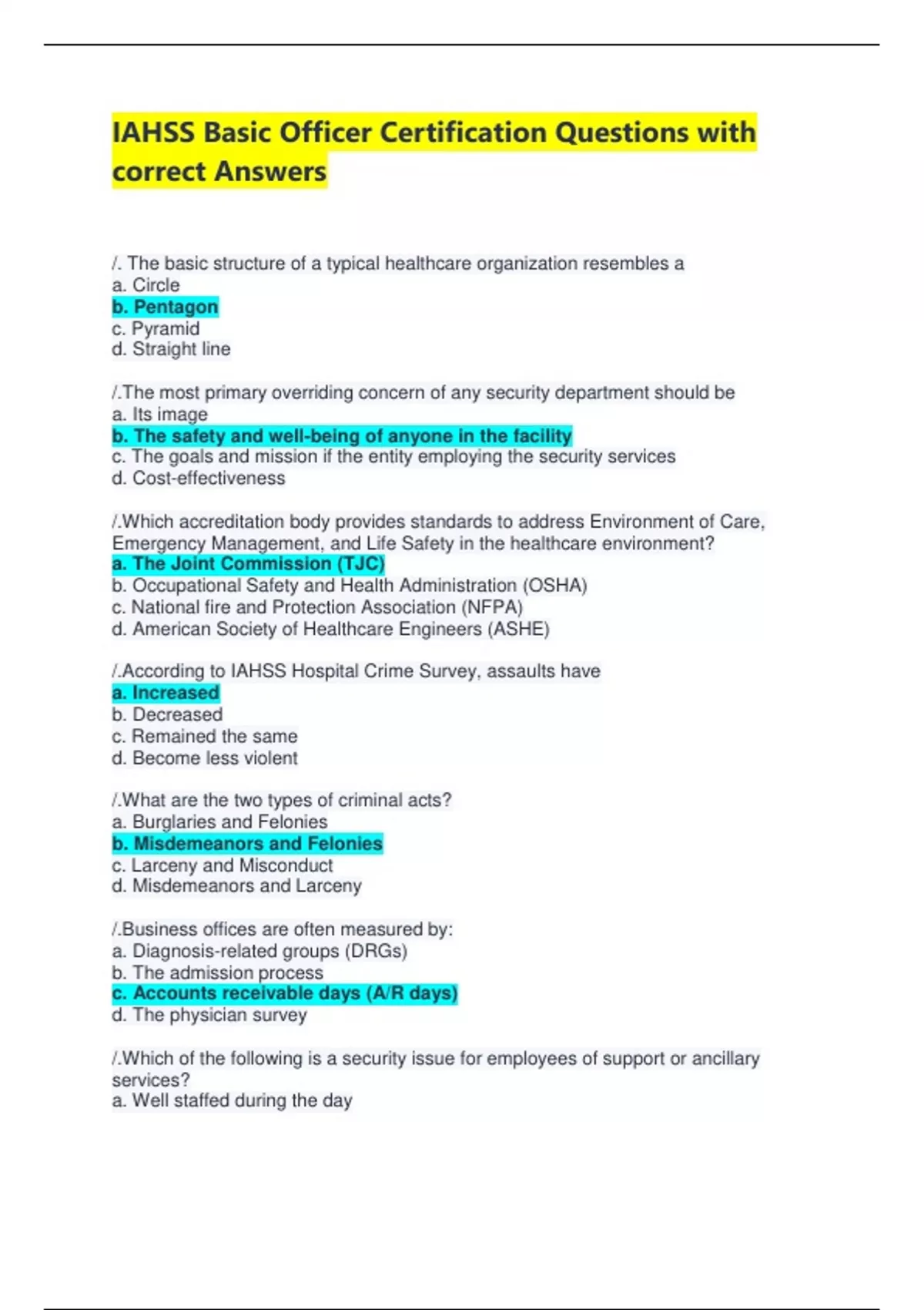 IAHSS Basic Officer Certification Questions with correct Answers ...