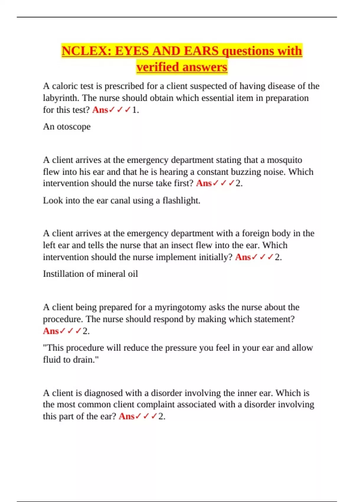 NCLEX – Eyes and Ears Questions with Verified Answers – Diagnostic ...