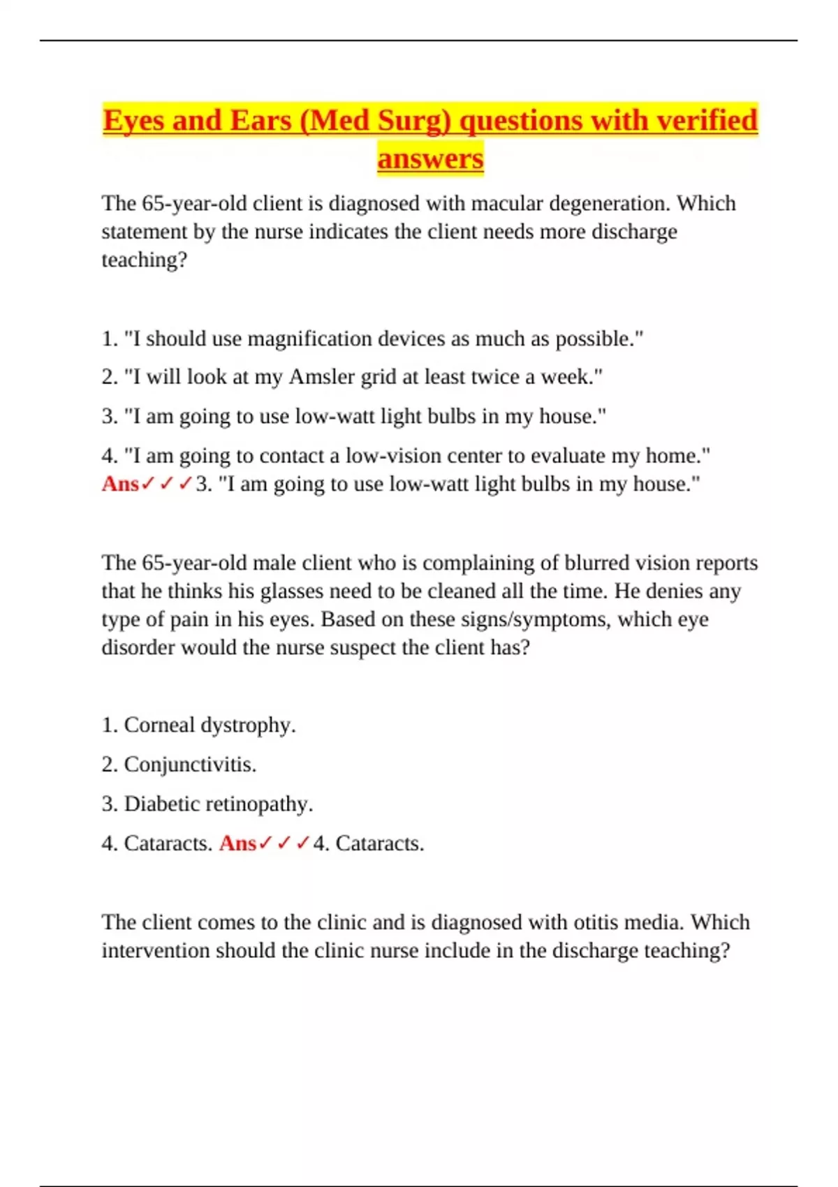 Eyes and Ears – Med Surg Practice Questions with Verified Answers ...