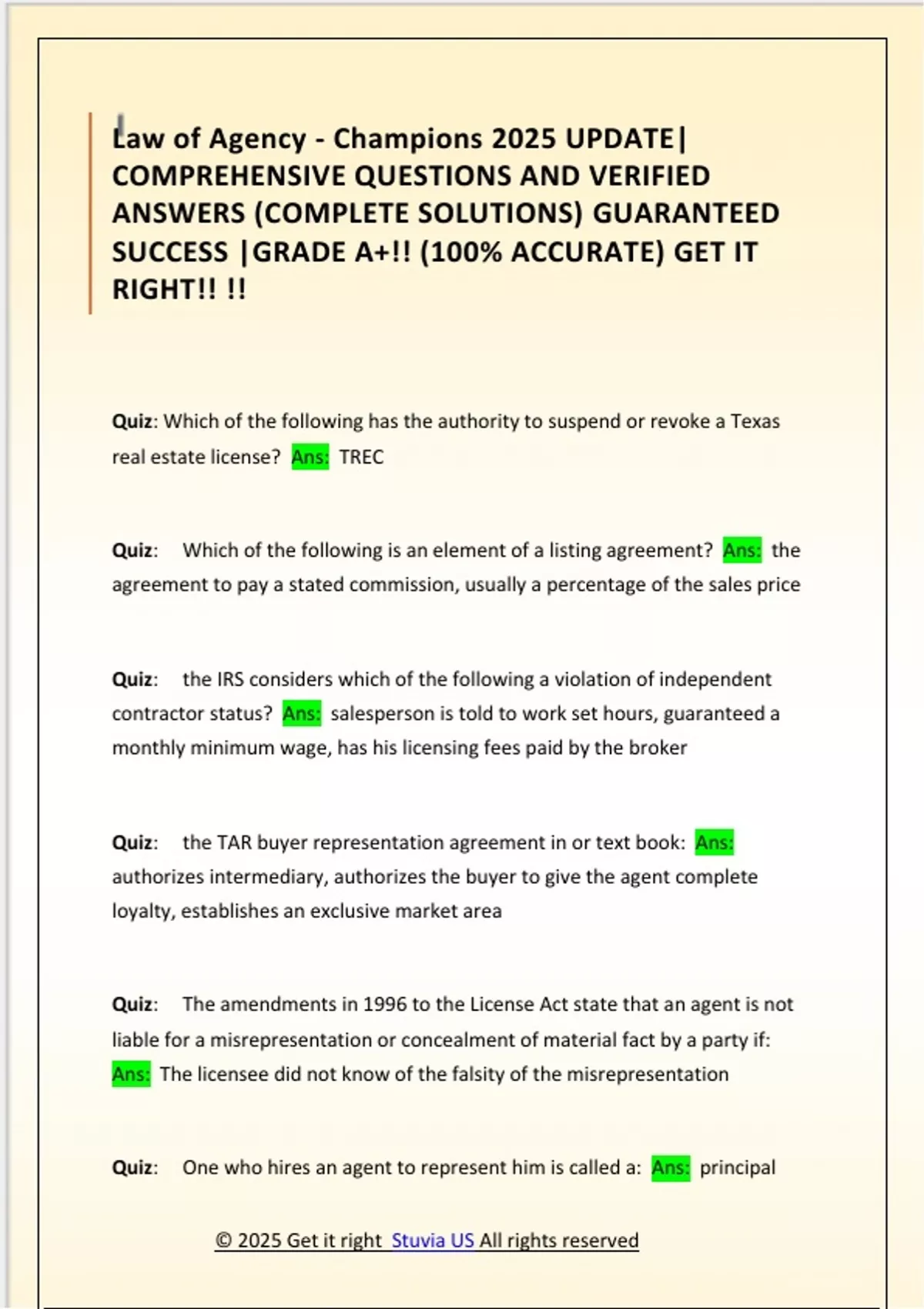 Law of Agency - Champions 2025 UPDATE| COMPREHENSIVE QUESTIONS AND ...