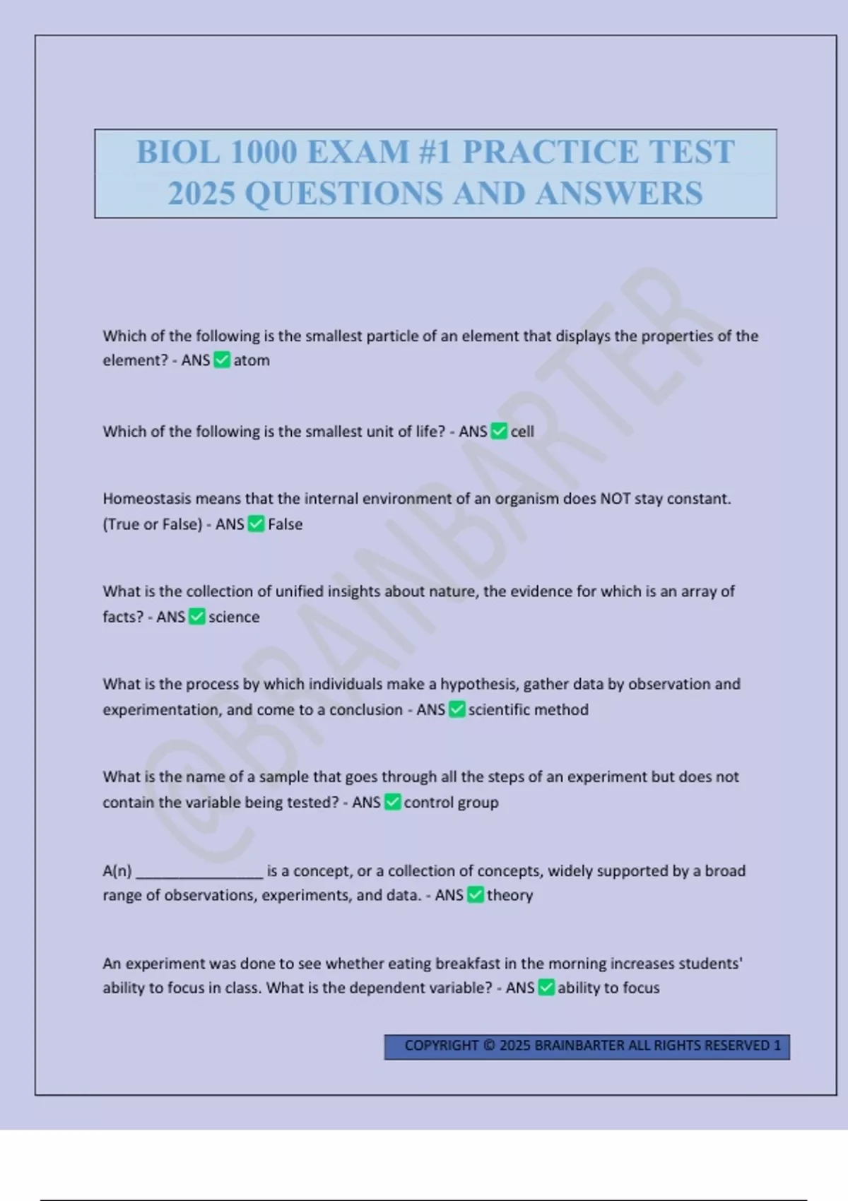 BIOL 1000 EXAM #1 PRACTICE TEST 2025 QUESTIONS AND ANSWERS - BIOL 1000 ...