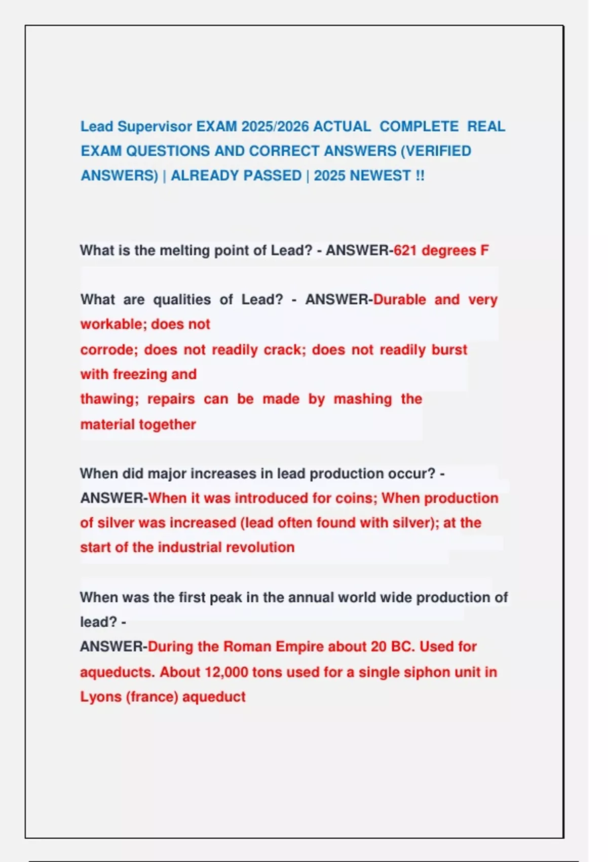 Lead Supervisor EXAM 2025/2026 ACTUAL COMPLETE REAL EXAM QUESTIONS AND ...