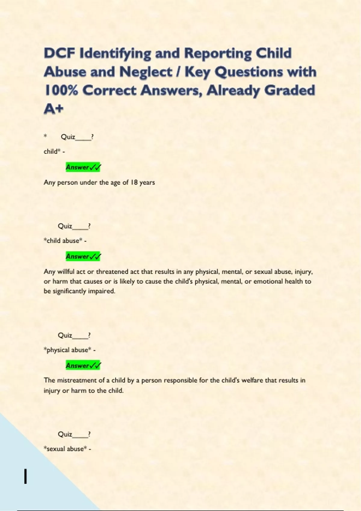 DCF Identifying and Reporting Child Abuse and Neglect / Key Questions with 100% Correct Answers ...