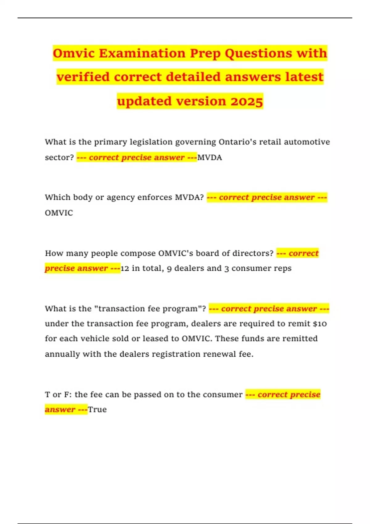 Omvic Examination Prep Questions with verified correct detailed answers ...