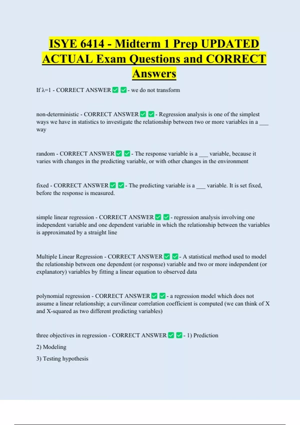 ISYE 6414 Bundled Exam Questions WITH CORRECT Answers - Stuvia US