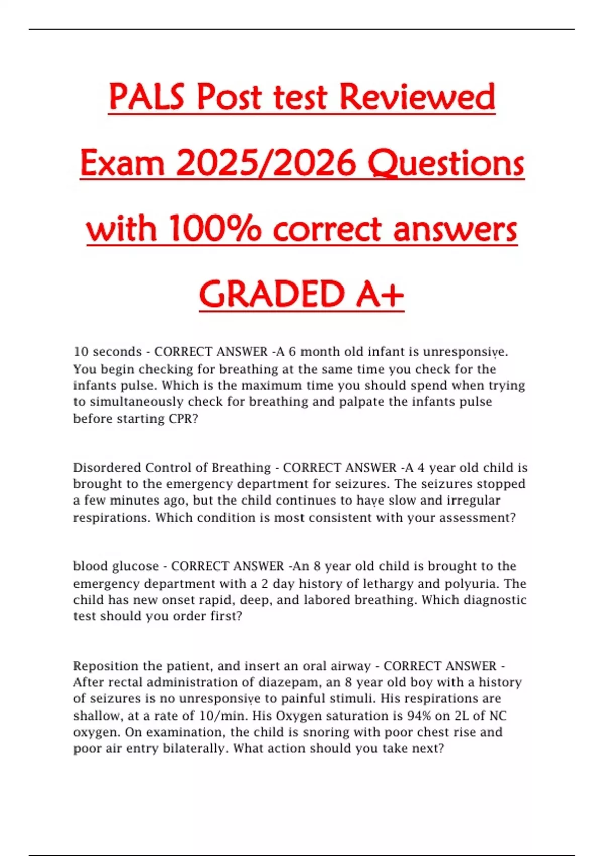 PALS Post-Test Reviewed Exam 2025/2026 – Questions with 100% Correct ...