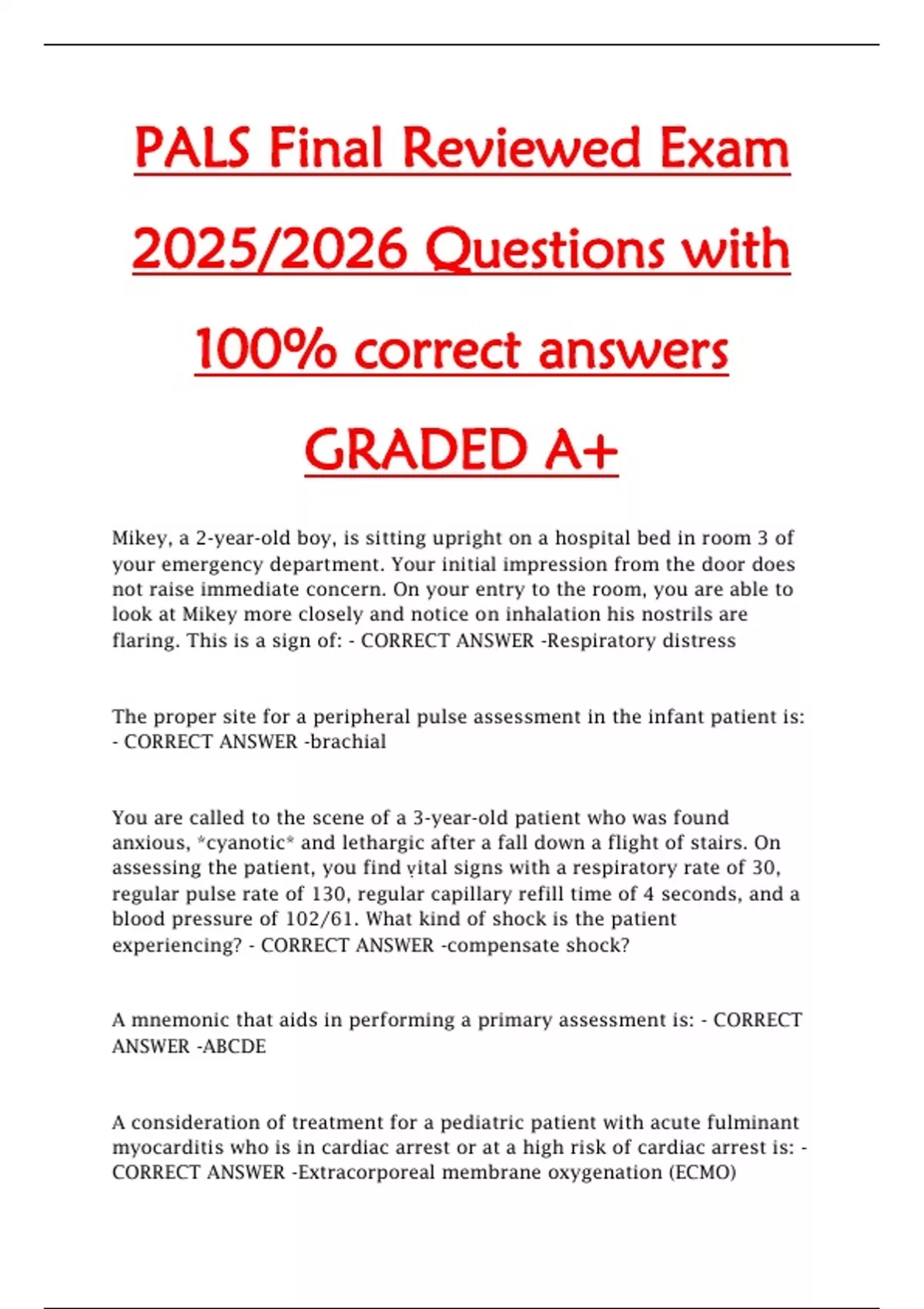 PALS Final Reviewed Exam 2025/2026 – Questions with 100% Correct ...