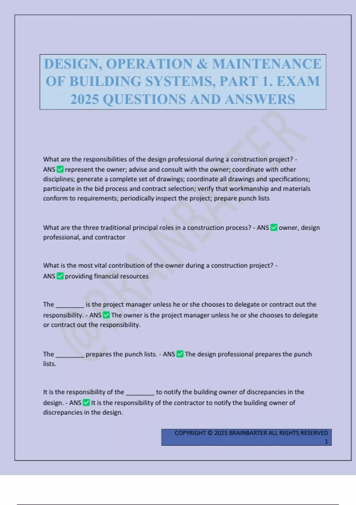 DESIGN, OPERATION & MAINTENANCE OF BUILDING SYSTEMS, PART 1. EXAM 2025 ...