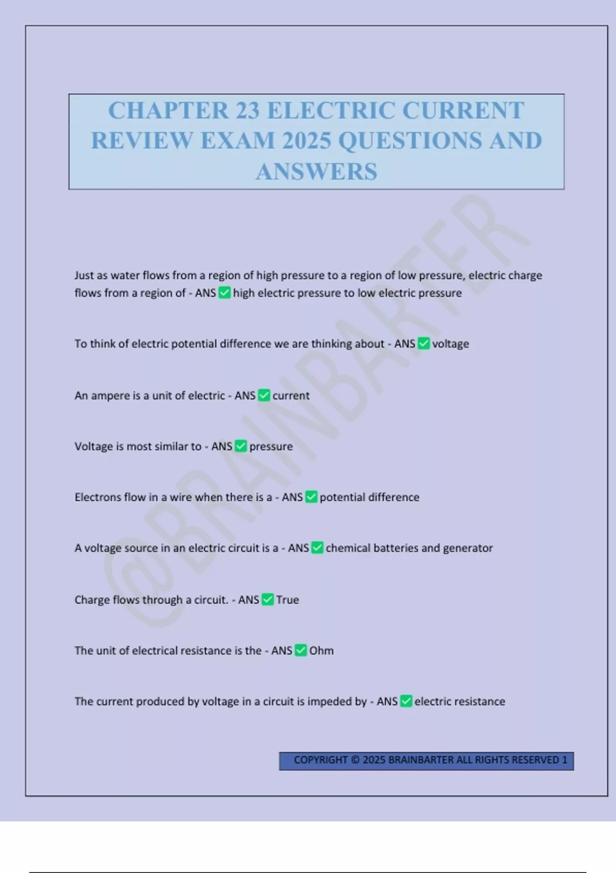 CHAPTER 23 ELECTRIC CURRENT REVIEW EXAM 2025 QUESTIONS AND ANSWERS ...