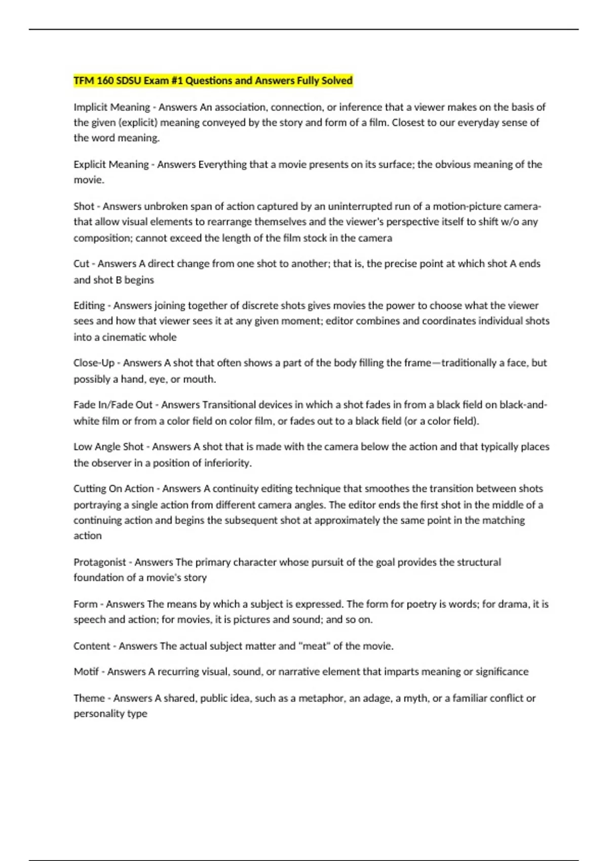 TFM 160 SDSU Exam #1 Questions and Answers Fully Solved - TFM 160 ...