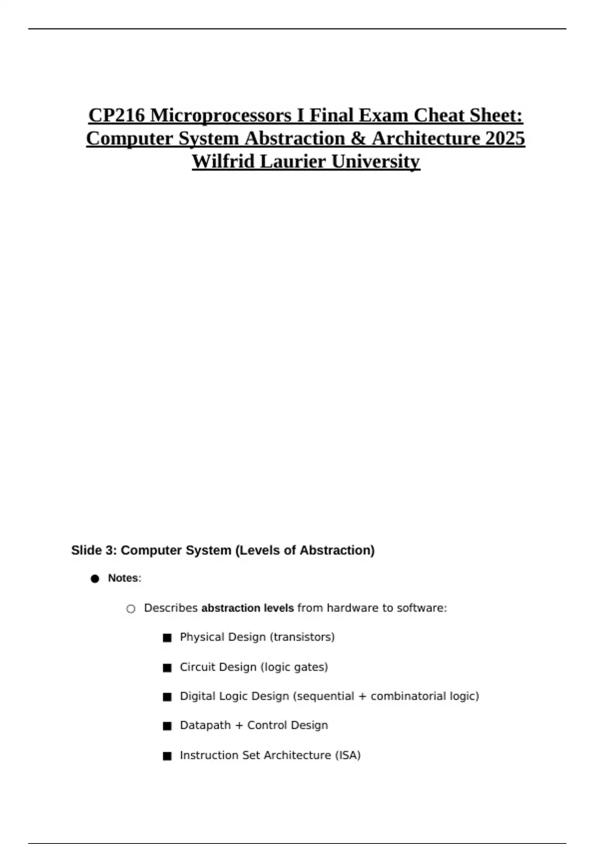 CP216 Microprocessors I Final Exam Cheat Sheet: Computer System ...