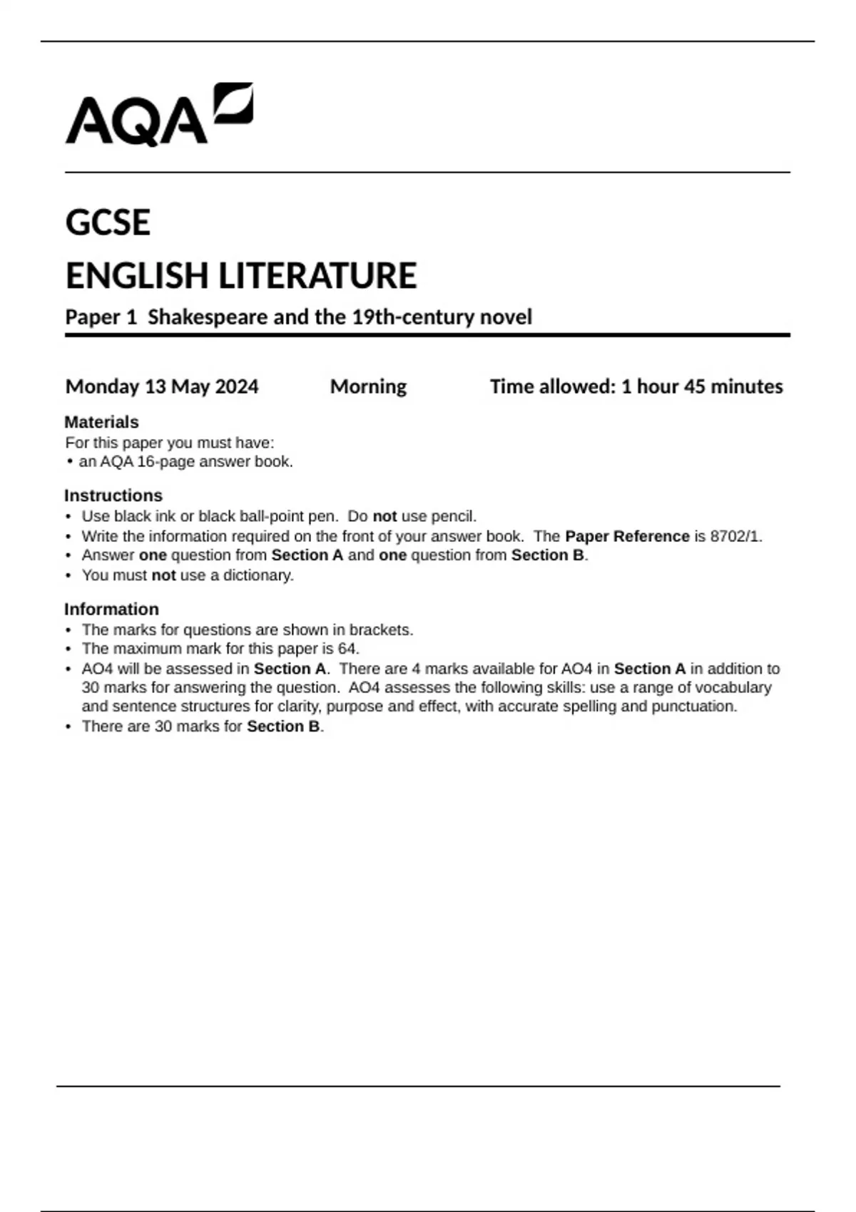 AQA English Literature Paper 1 2024 - English - Stuvia UK
