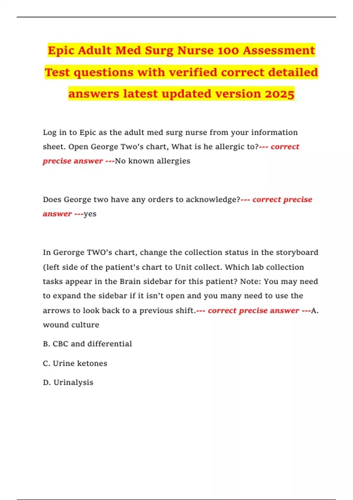 Epic Adult Med Surg Nurse 100 Assessment Test questions with verified ...
