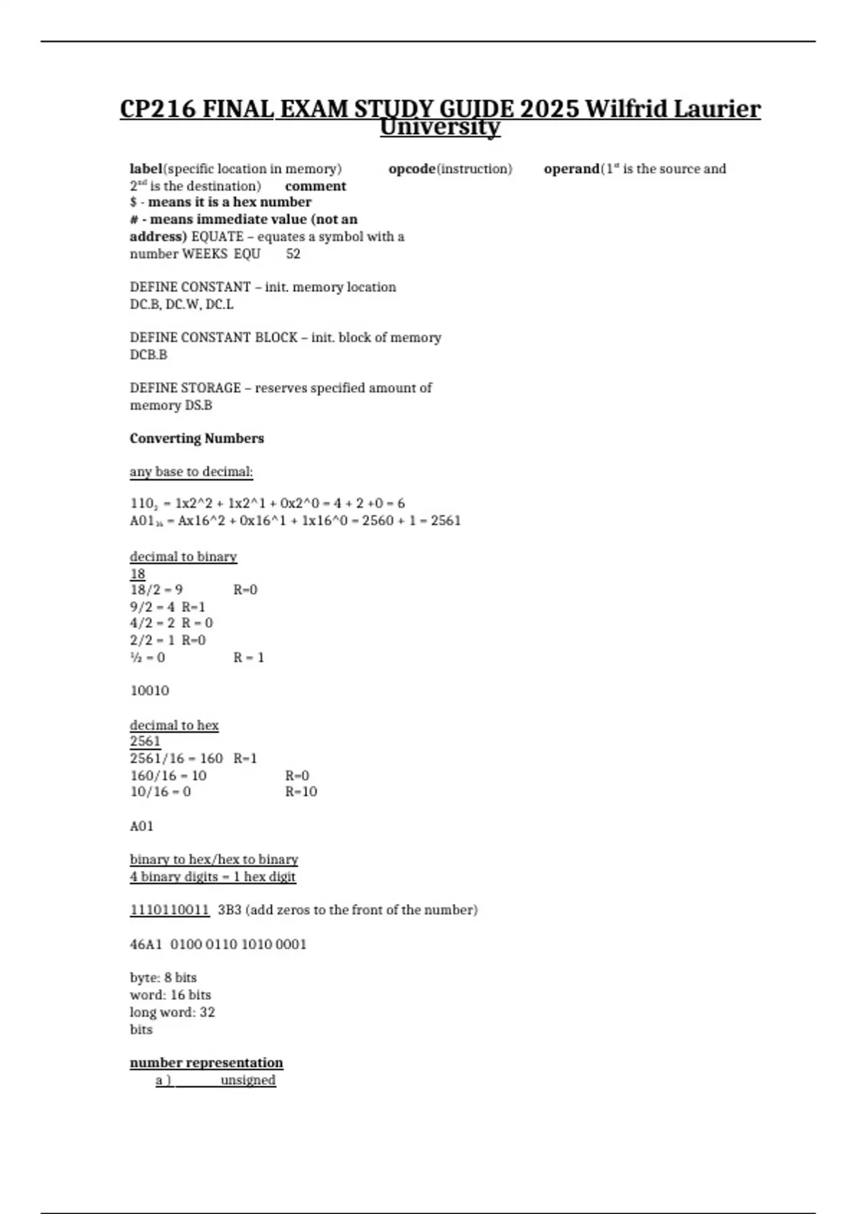 CP216 FINAL EXAM STUDY GUIDE 2025 Wilfrid Laurier University - CP 216 Microprocessor I WLU ...