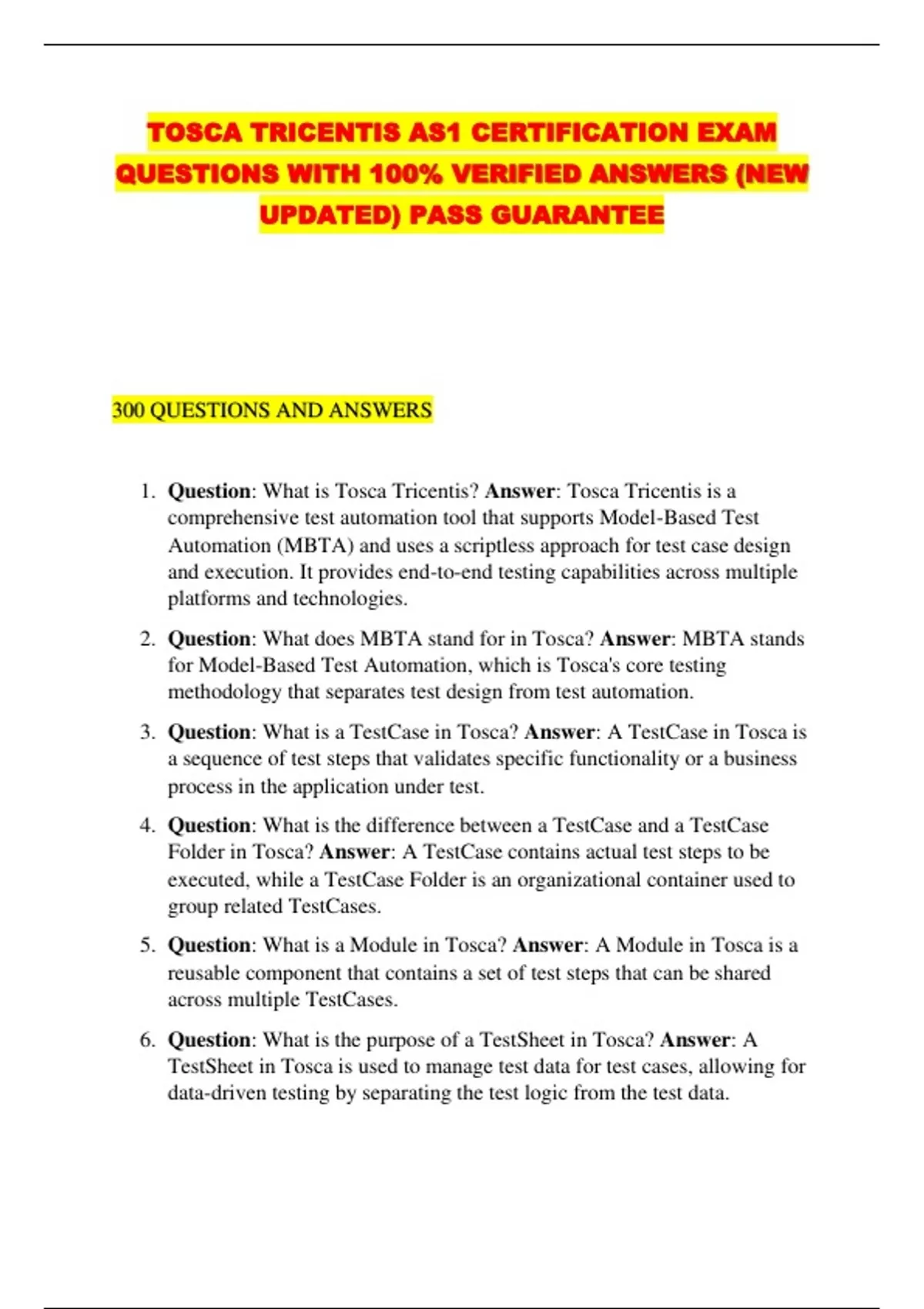 TOSCA TRICENTIS AS1 CERTIFICATION EXAM QUESTIONS WITH 100% VERIFIED ANSWERS (NEW UPDATED) PASS ...