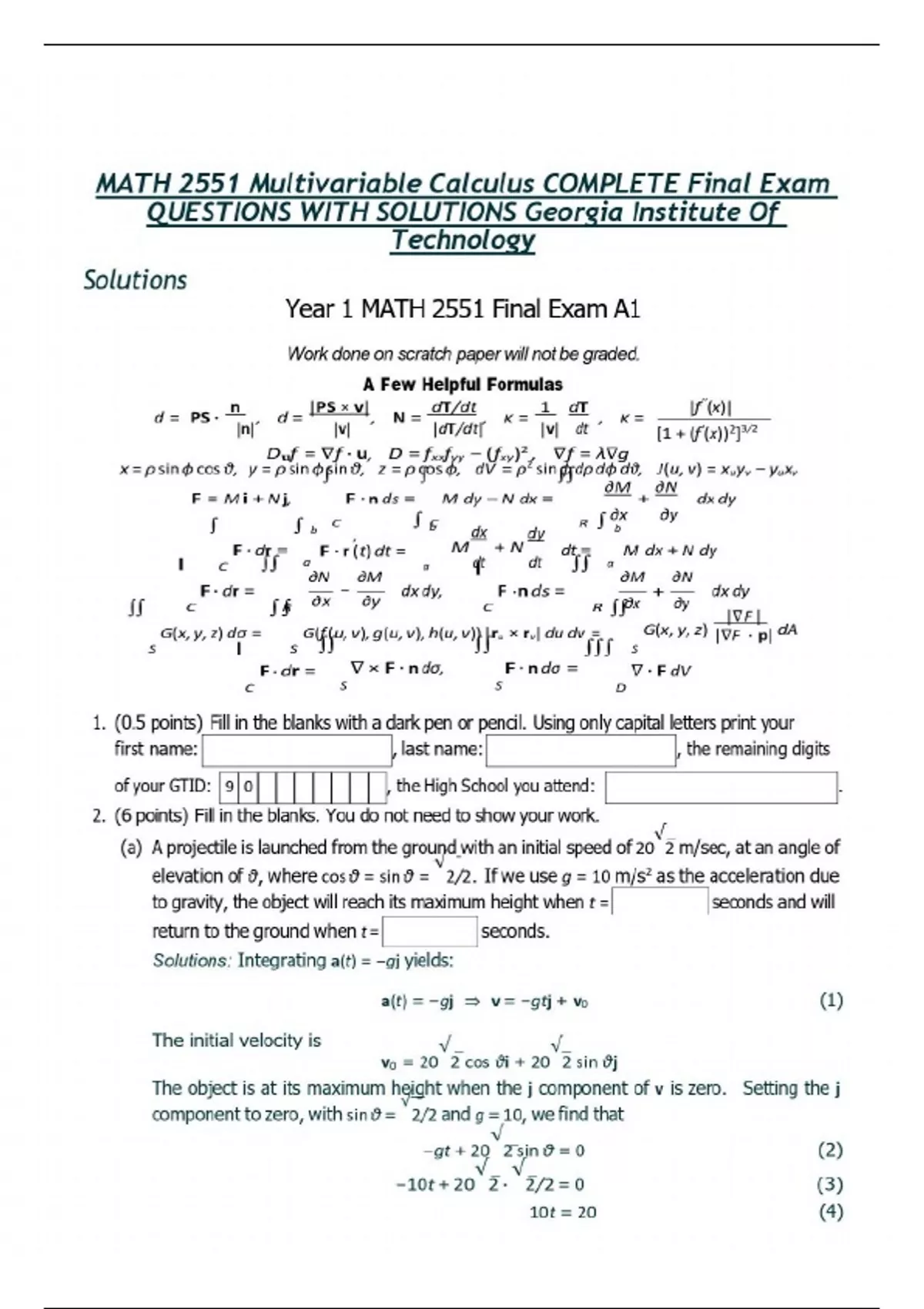 MATH 2551 Multivariable Calculus COMPLETE Final Exam QUESTIONS WITH ...