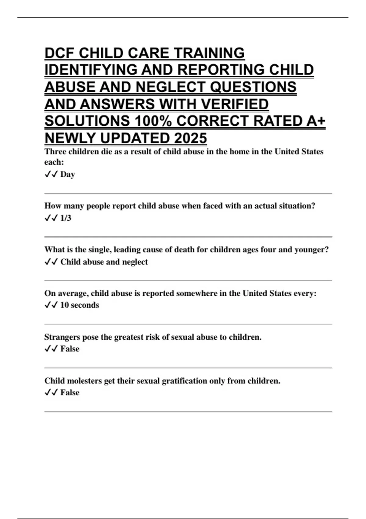 DCF CHILD CARE TRAINING IDENTIFYING AND REPORTING CHILD ABUSE AND NEGLECT QUESTIONS AND ANSWERS ...