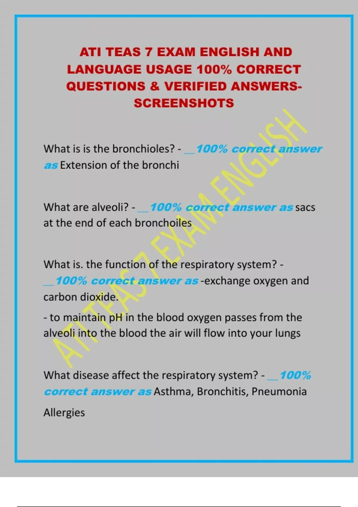 ATI TEAS 7 EXAM ENGLISH AND LANGUAGE USAGE 100% CORRECT QUESTIONS & VERIFIED ANSWERS SCREENSHOTS ...