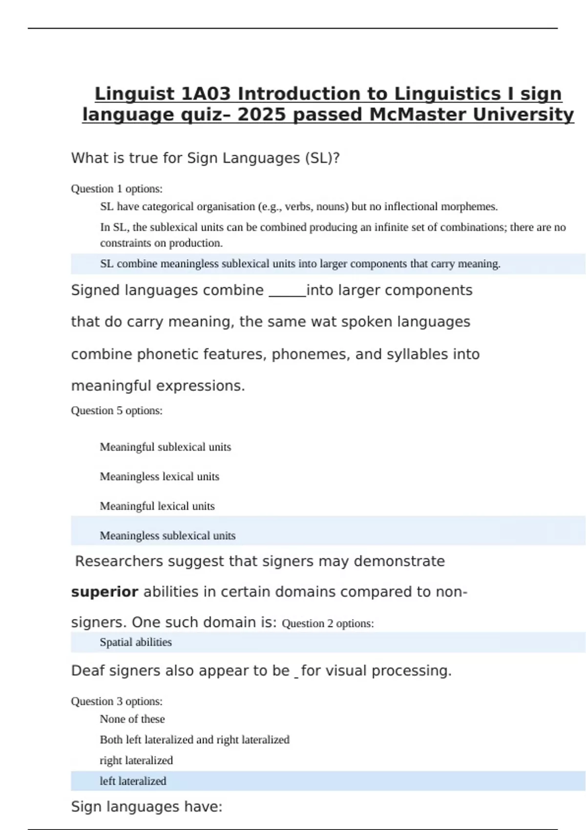 Linguist 1A03 Introduction to Linguistics I sign language quiz– 2025 ...