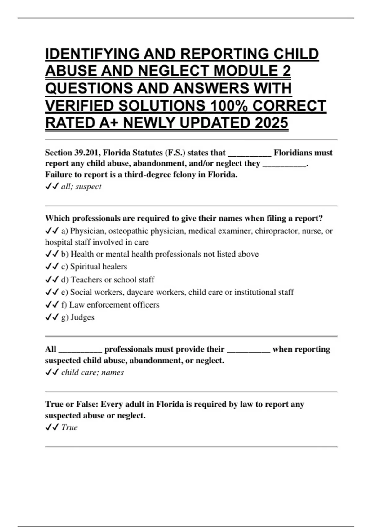IDENTIFYING AND REPORTING CHILD ABUSE AND NEGLECT MODULE 2 QUESTIONS AND ANSWERS WITH VERIFIED ...