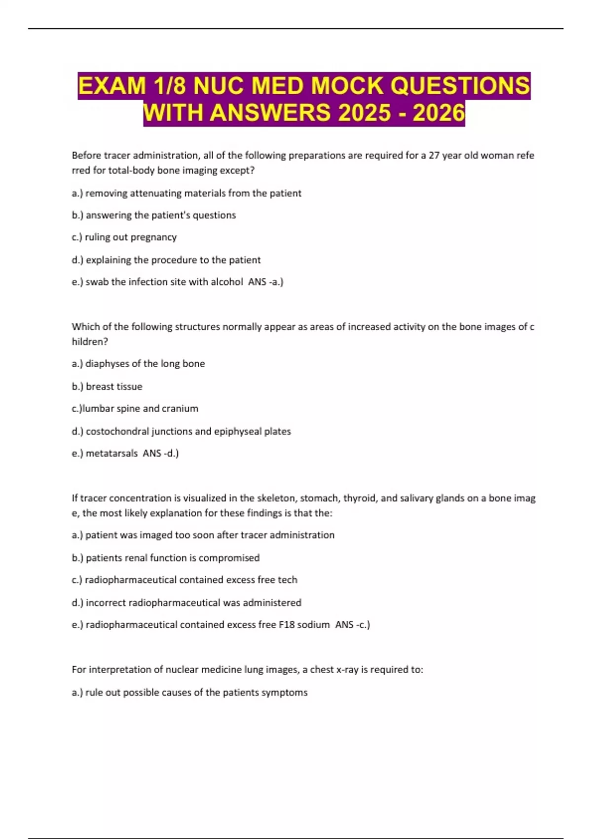 EXAM 1-8 NUC MED MOCK QUESTIONS WITH ANSWERS - NMTCB - Stuvia US