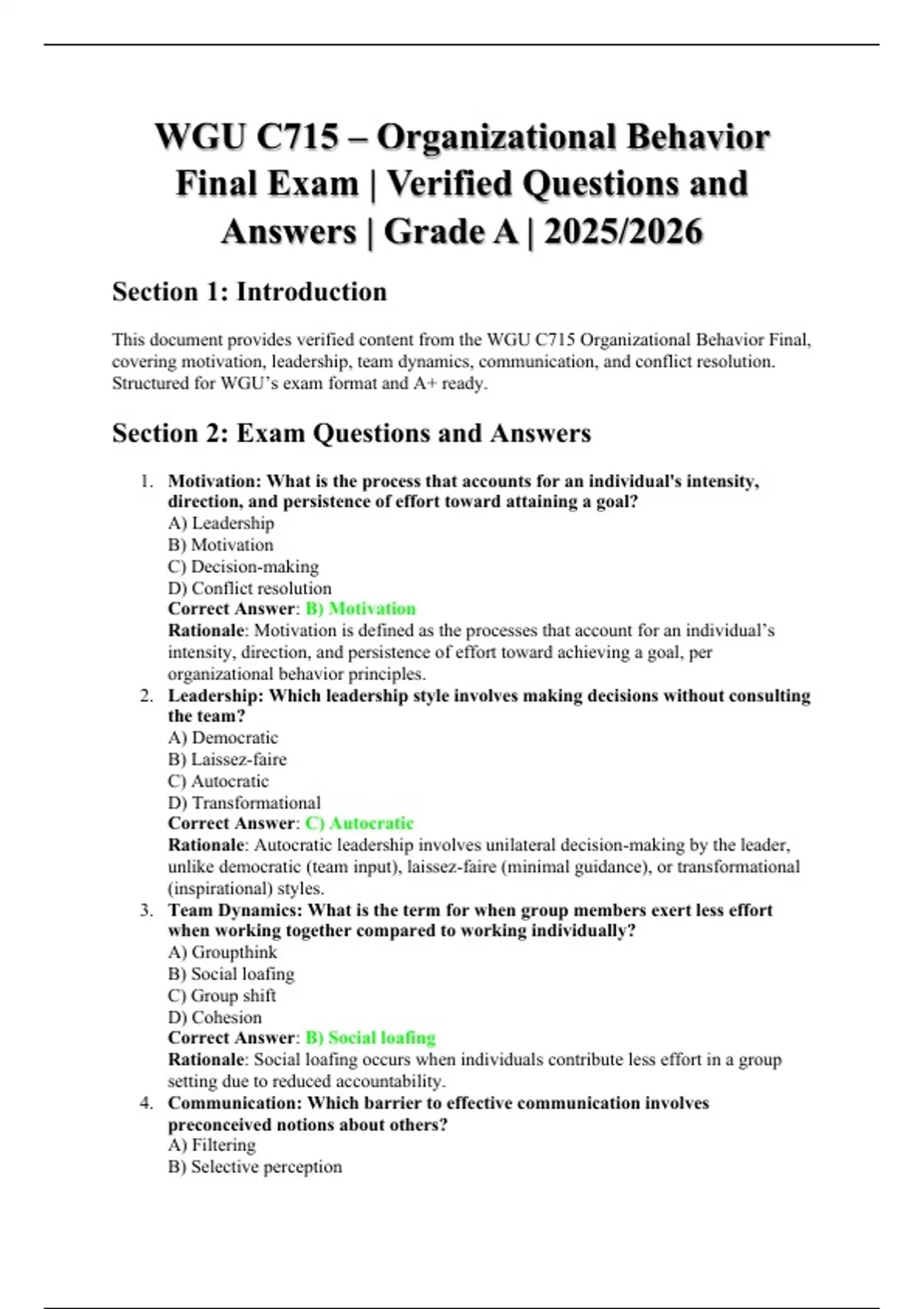 WGU C715 – Organizational Behavior Final Exam | Verified Questions and ...