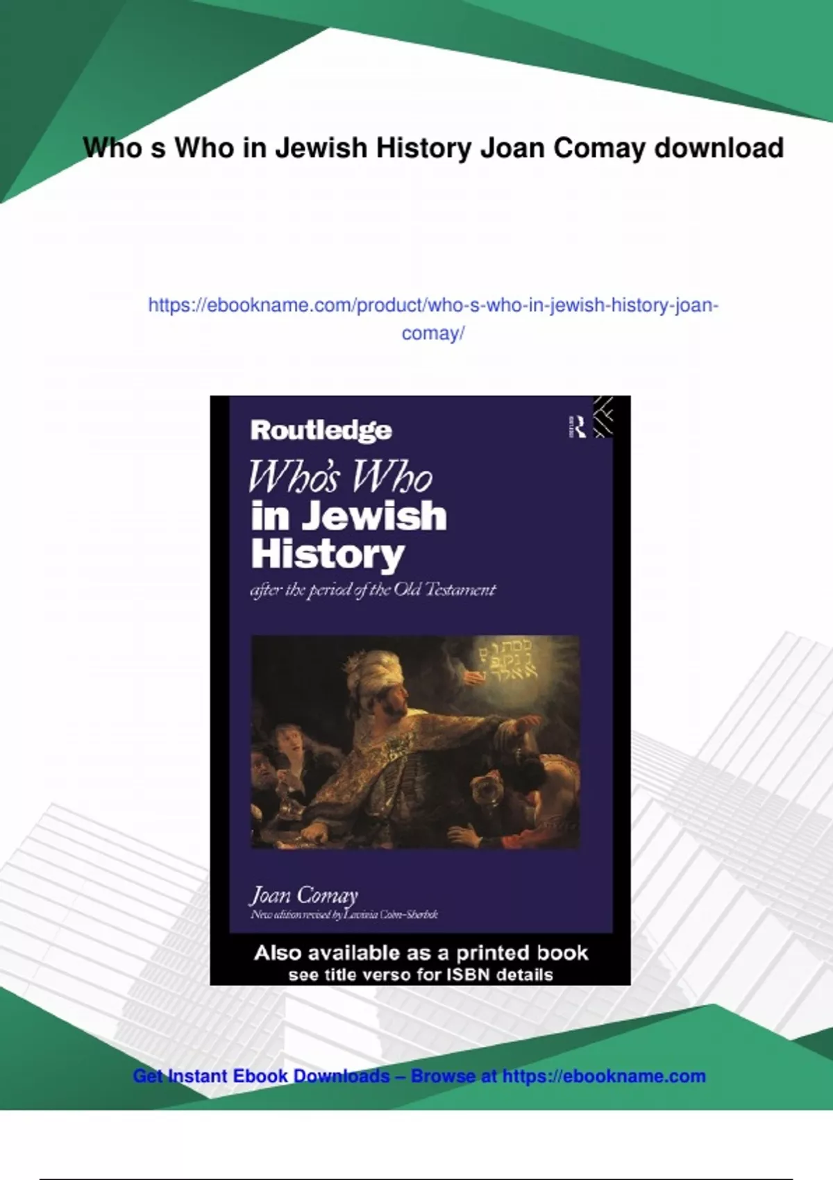 Summary Who s Who in Jewish History Joan Comay - Digital Download ...