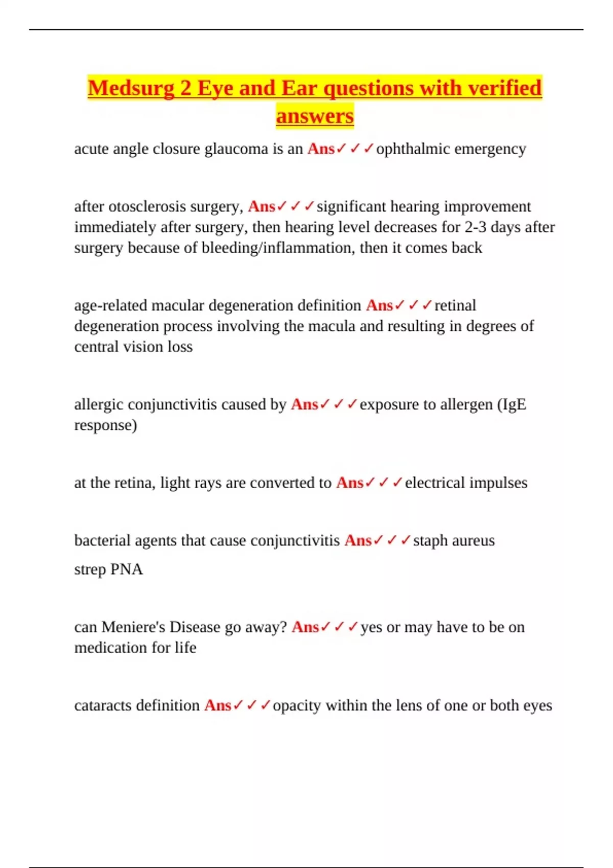 Med Surg 2 – Eye and Ear Disorders | In-Depth Q&A Review with Verified ...