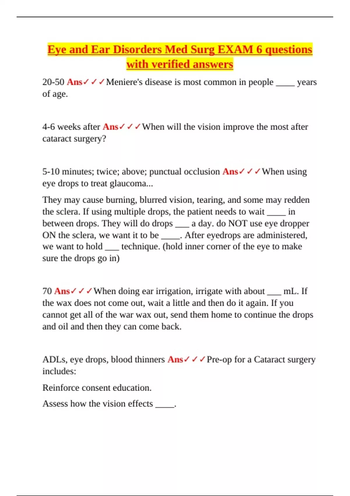Med Surg – Exam 6 Eye and Ear Disorders | Verified Q&A with Nursing ...