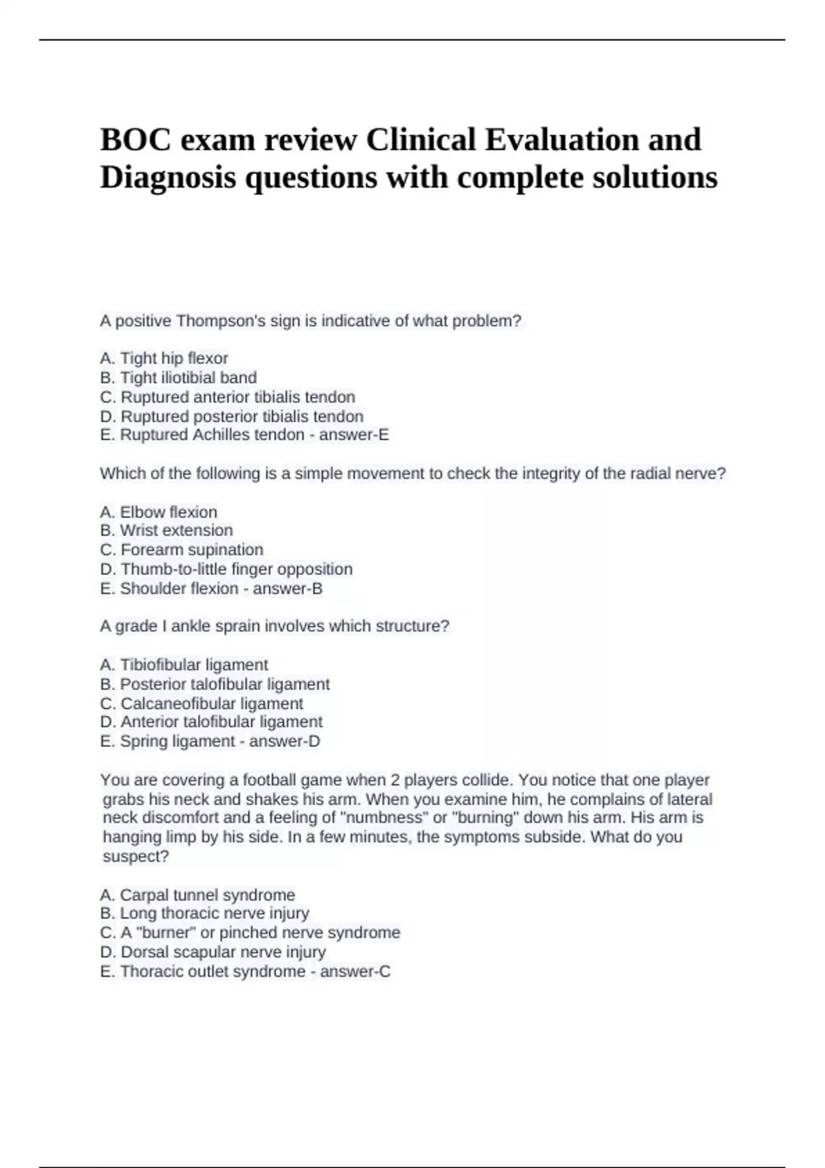 BOC exam review Clinical Evaluation and Diagnosis questions with ...