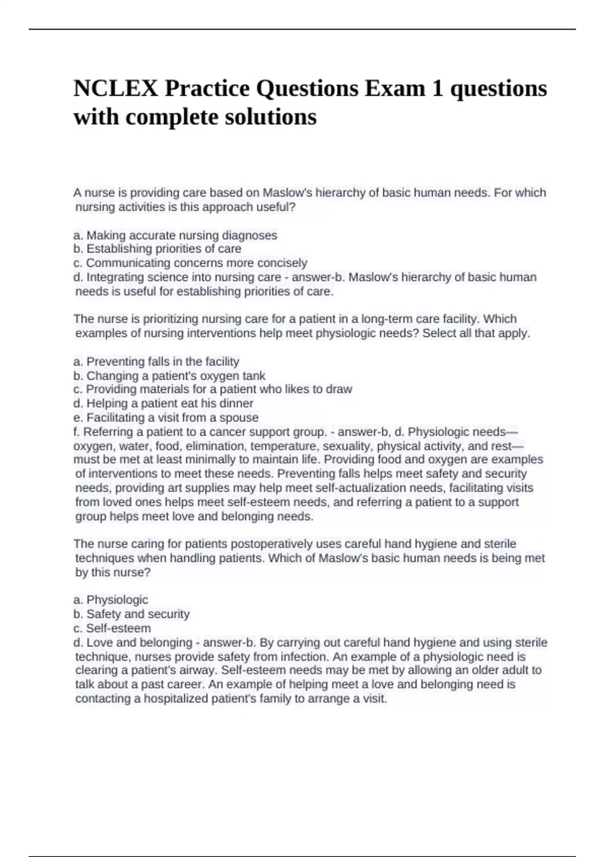 NCLEX Practice Questions Exam 1 questions with complete solution ...