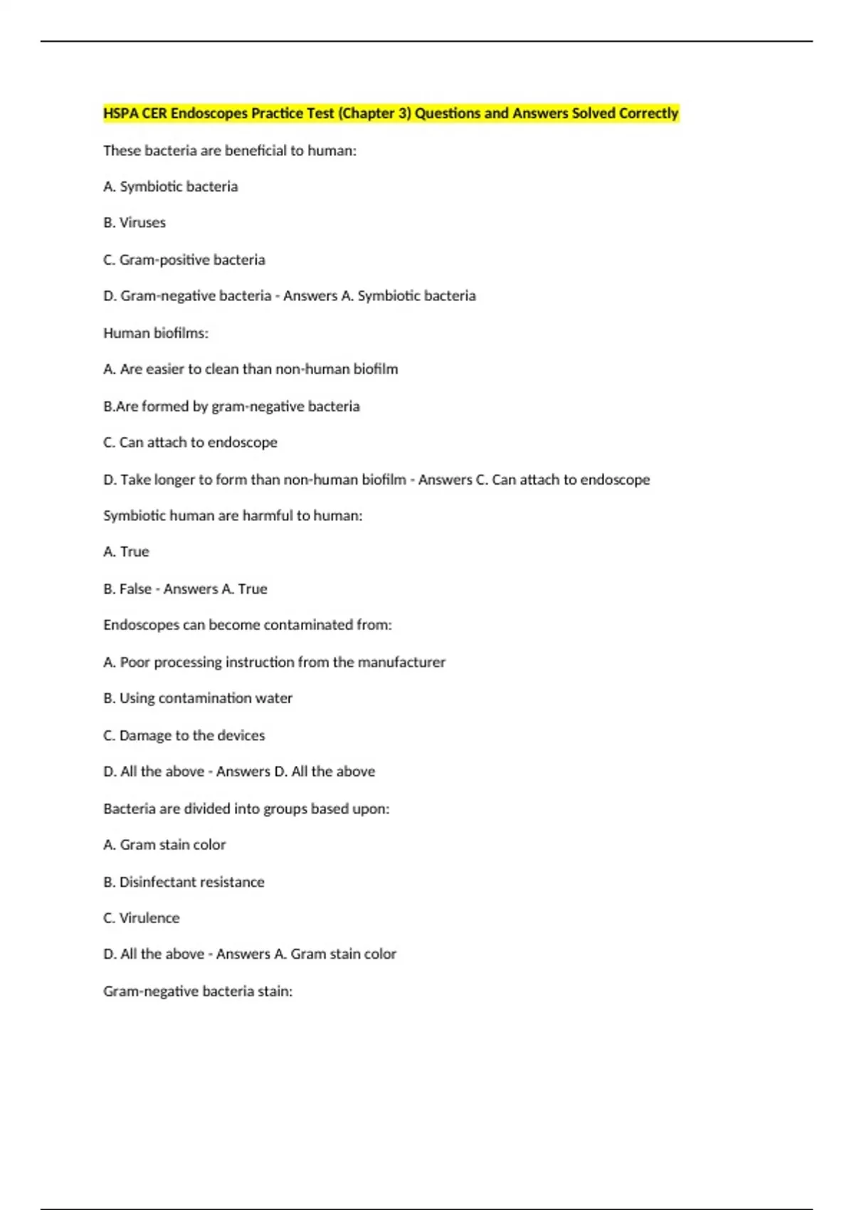 HSPA CER Endoscopes Practice Test (Chapter 3) Questions and Answers ...