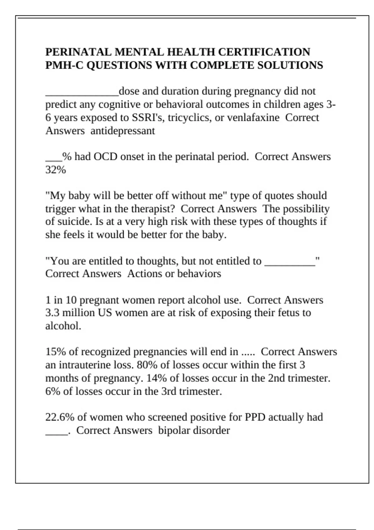PERINATAL MENTAL HEALTH CERTIFICATION PMH-C QUESTIONS WITH COMPLETE SOLUTIONS - PMH-C - Stuvia US