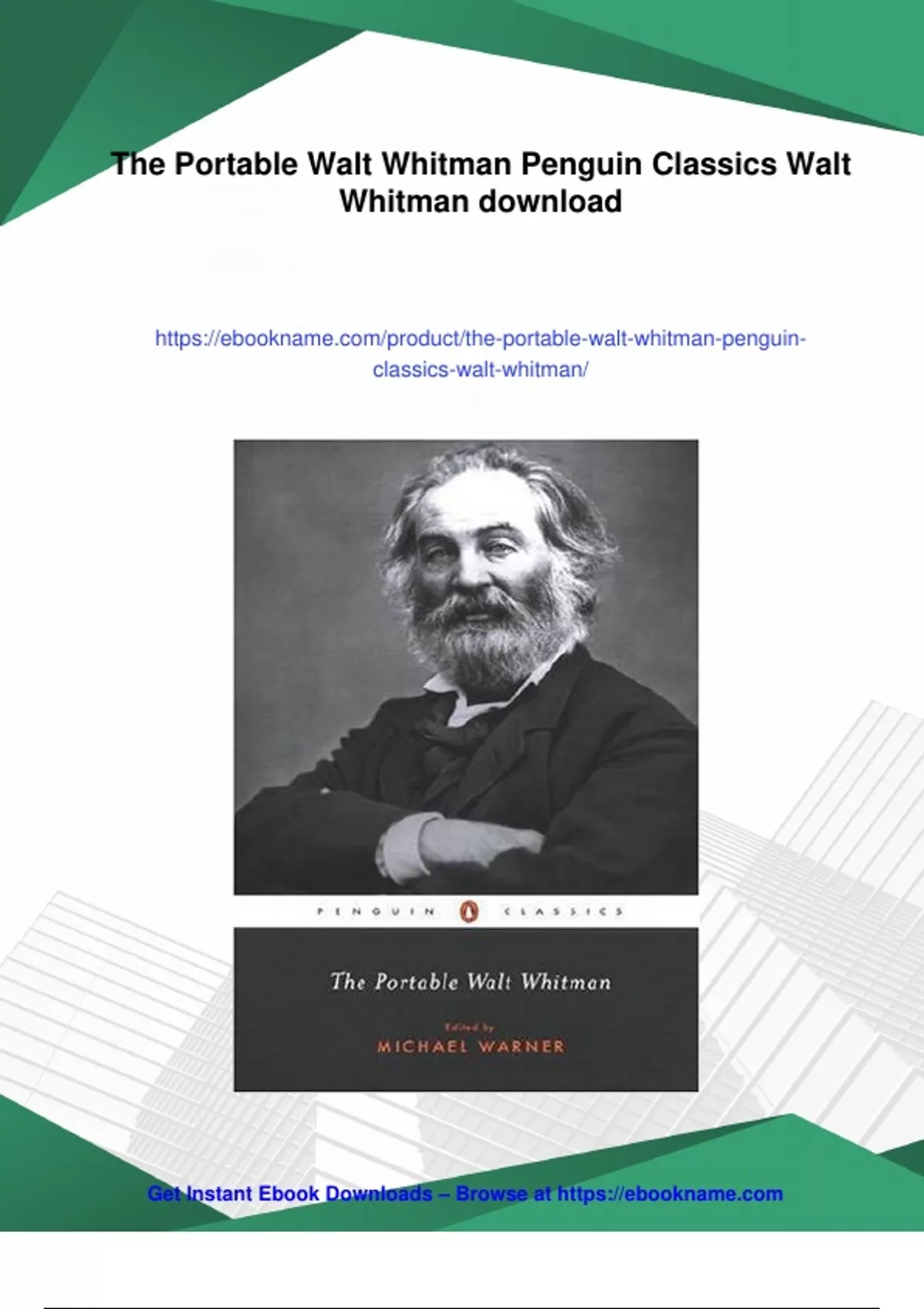 Summary The Portable Walt Whitman Penguin Classics Walt Whitman ...