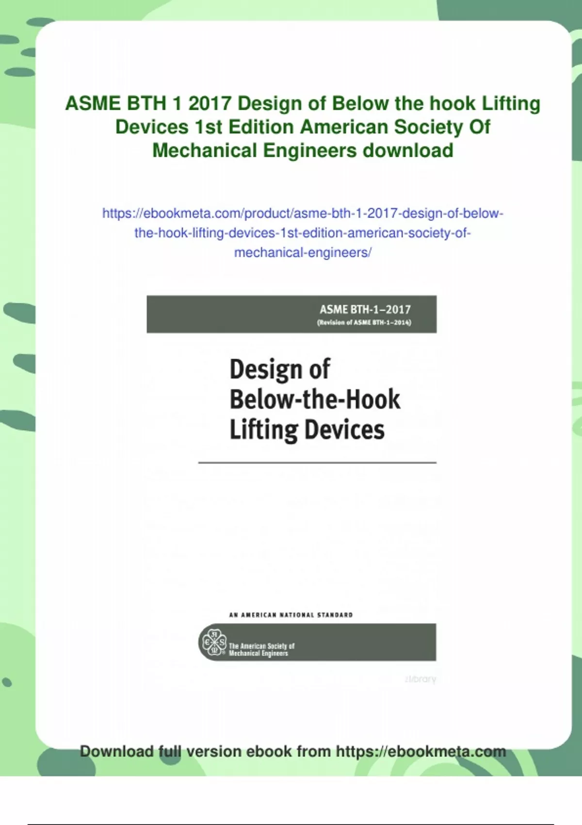 Summary ASME BTH 1 2017 Design of Below the hook Lifting Devices 1st Edition American Society Of ...