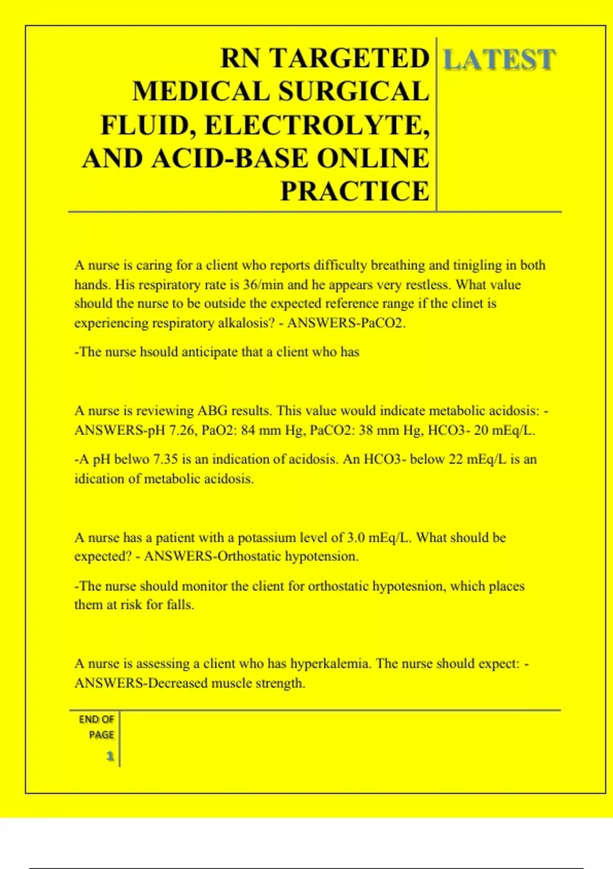RN TARGETED MEDICAL SURGICAL FLUID, ELECTROLYTE, AND ACID-BASE ONLINE ...