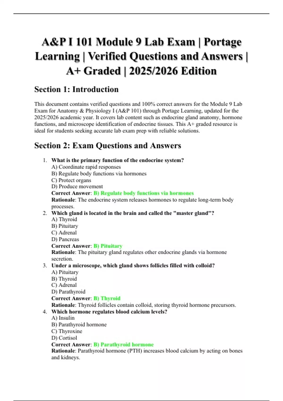 A&P I 101 Module 9 Lab Exam | Portage Learning | Verified Questions and ...